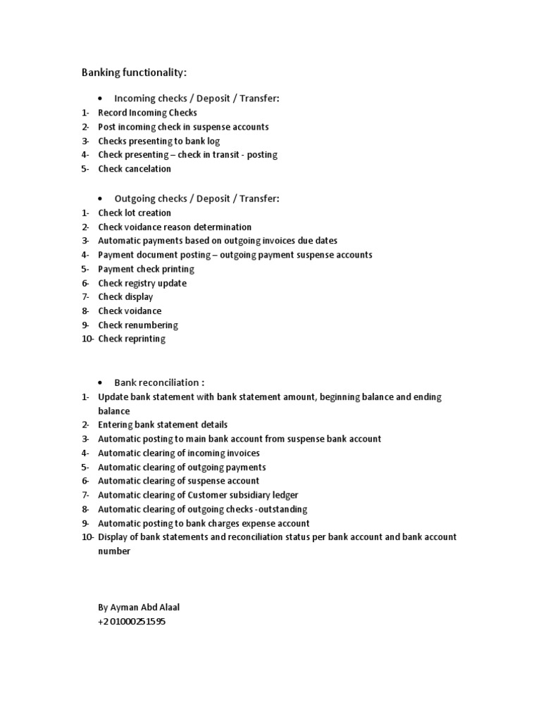 Banking Functionality:: Incoming Checks / Deposit / Transfer | PDF ...