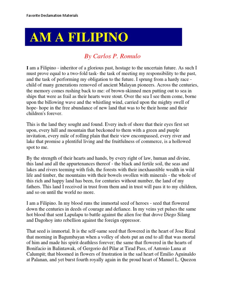 AM A FILIPINO - Declamation Piece | PDF | Nature