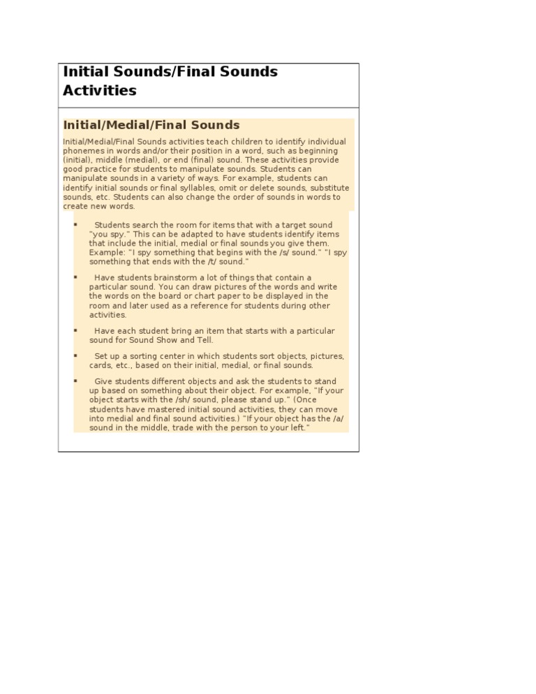 Initial, Middle, Final Sound Activties | PDF | Language Arts ...