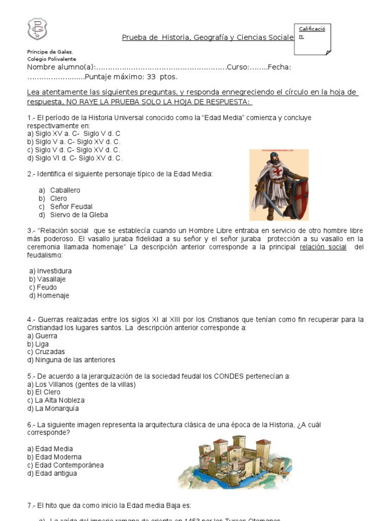 Prueba de 8° Basico La Alta Edad Media | PDF | Baja Edad Media | Feudalismo