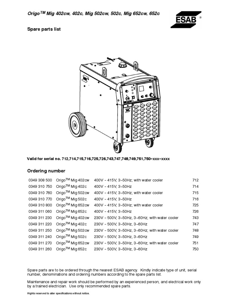 Spare Parts List: Origo Mig 402cw, 402c, Mig 502cw, 502c, Mig 652cw ...