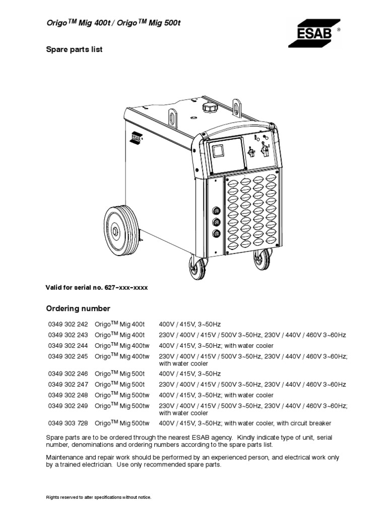 Spare Parts List: Origo Mig 400t / Origo Mig 500t | PDF | Equipment ...