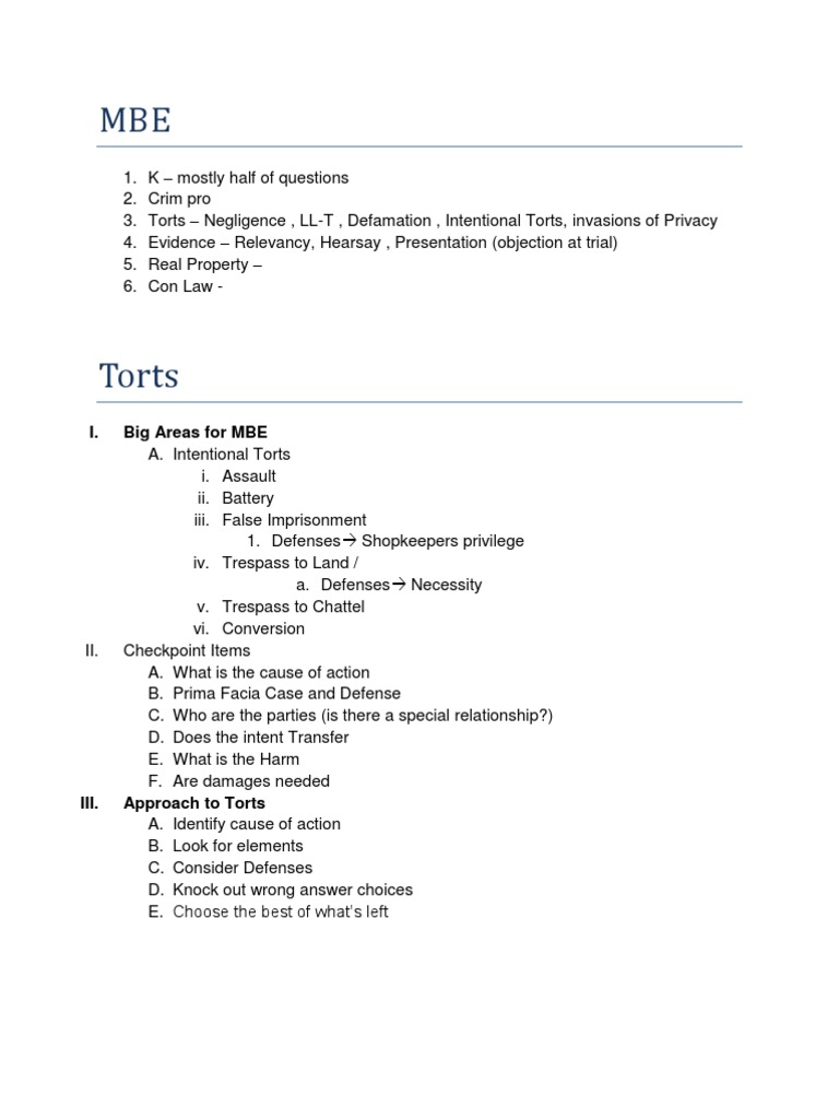 Torts MBE Review | PDF | Trespass | Negligence