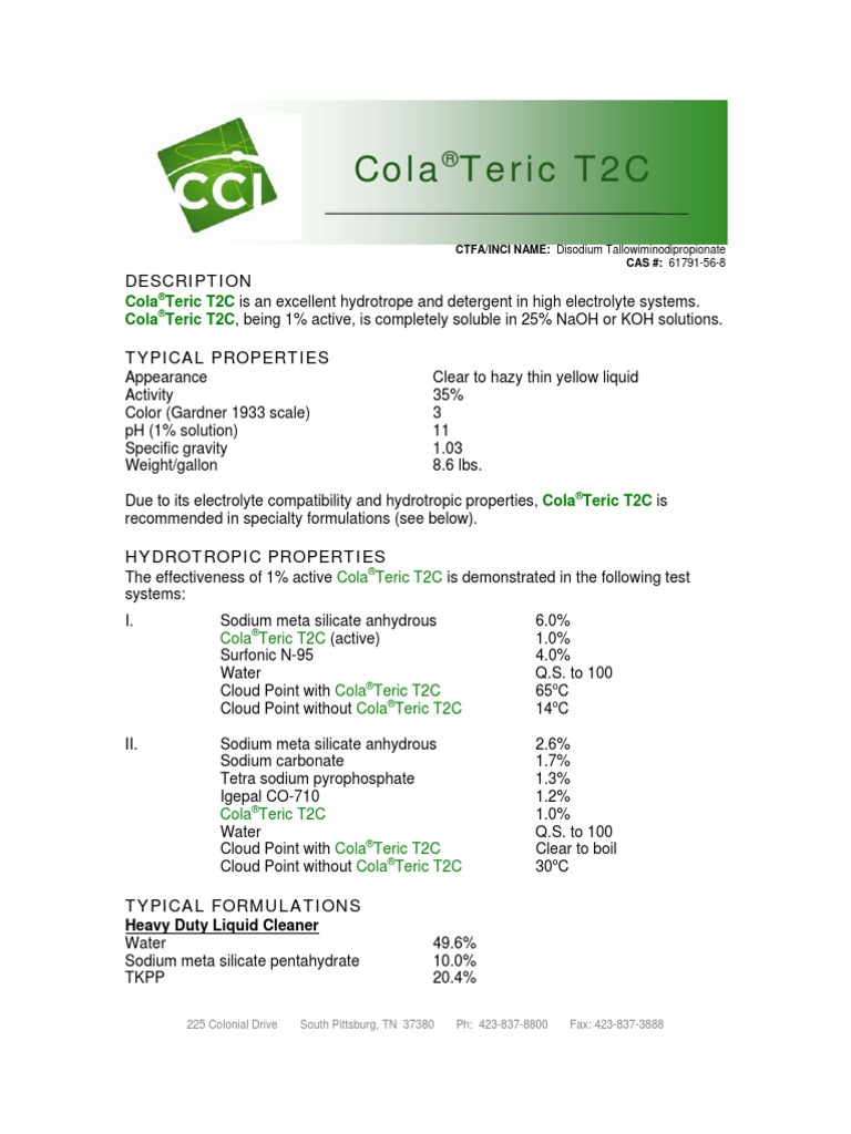 ColaTeric T2C | PDF | Sodium Hydroxide | Solubility