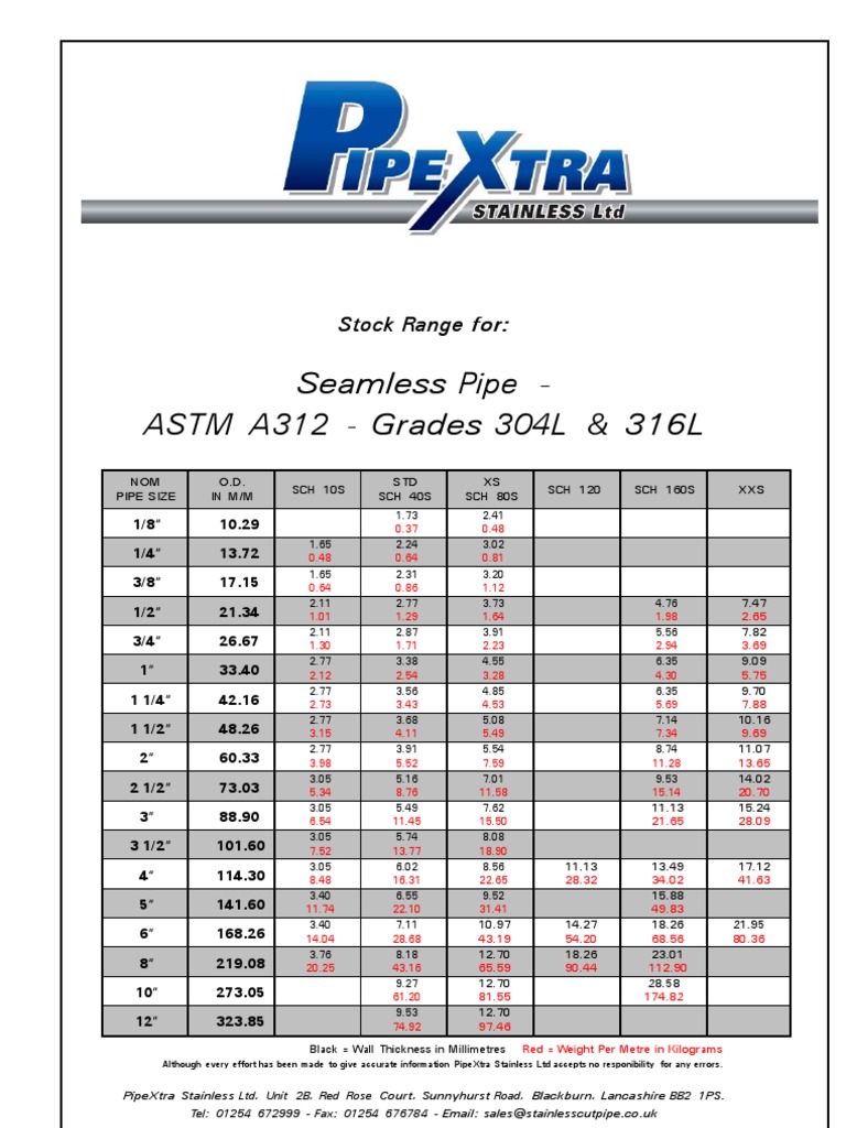 Seamless Pipe - ASTM A312 - Grades 304L & 316L: Stock Range For | PDF ...