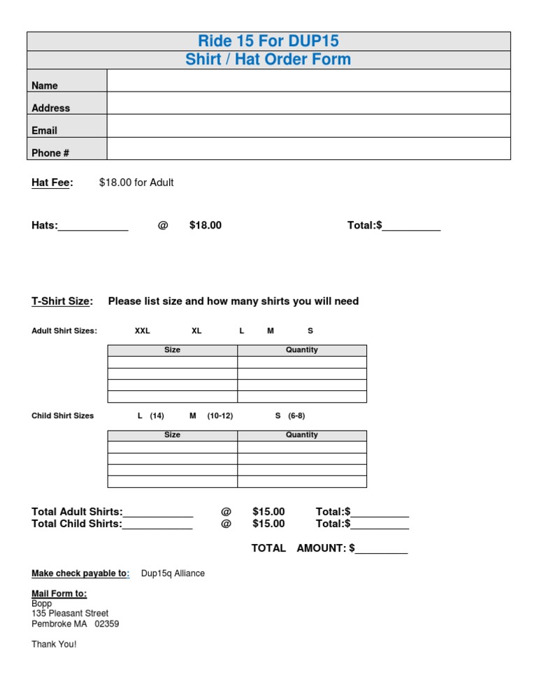 DUP15 Shirt and Hat Order Form | PDF