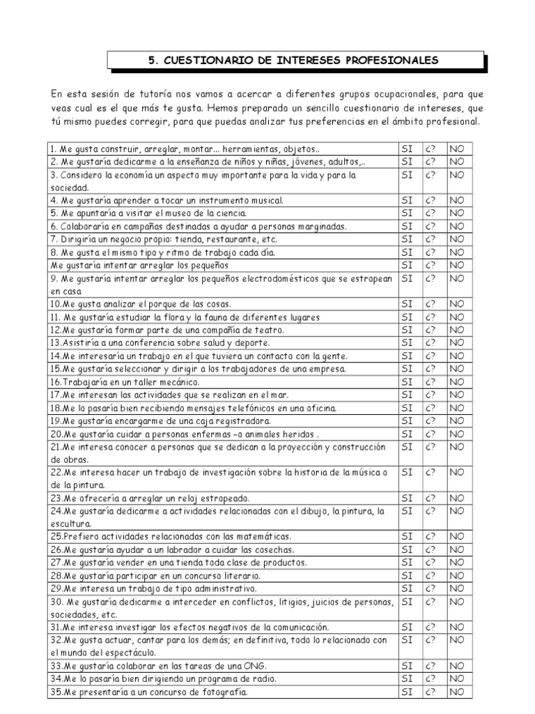 Cuestionario de Intereses Profesionales | Descargar gratis PDF ...