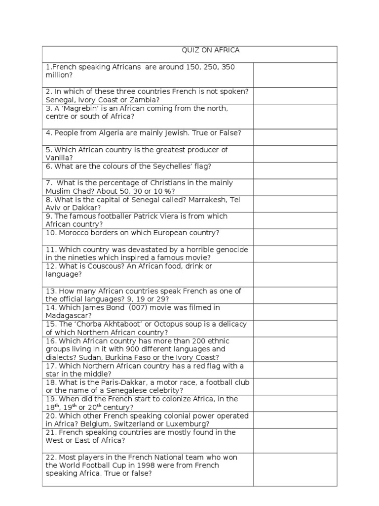 Francophone Africa Quiz | PDF | French Language | North Africa