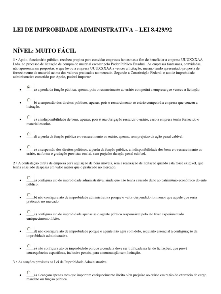 EXERCÍCIOS LEI DE IMPROBIDADE ADMINISTRATIVA - Lei 8429-92 | PDF ... EXERCÍCIOS LEI DE IMPROBIDADE ADMINISTRATIVA - Lei 8429-92 | PDF ...