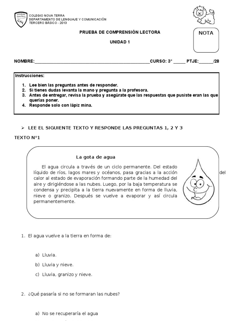 Prueba de Comprensión Lectora | PDF | Lluvia | El ciclo del agua