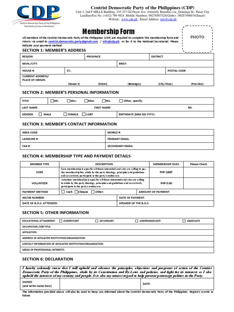 Membership Form of CDP | Political Parties | Payments