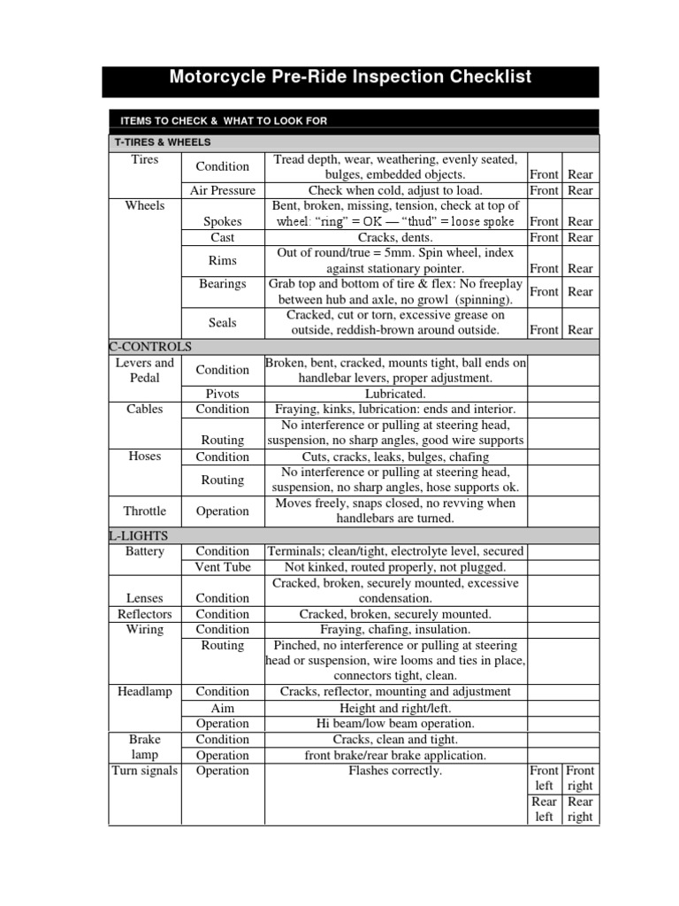 Motorcycle Pre-Ride Checklist | PDF | Transmission (Mechanics ...