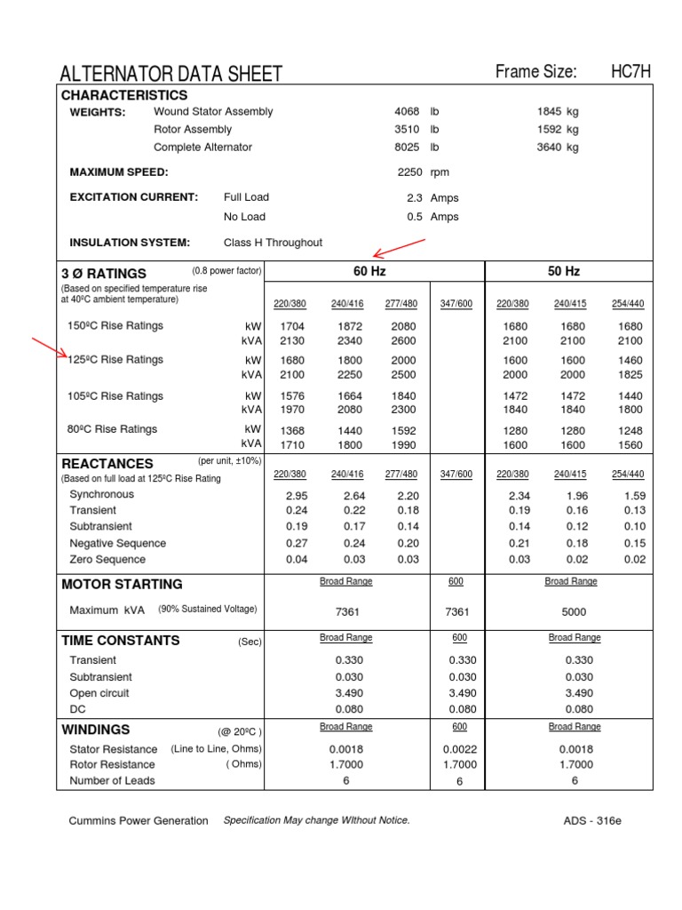 Alternator Data Sheet: Frame Size: Hc7H | PDF
