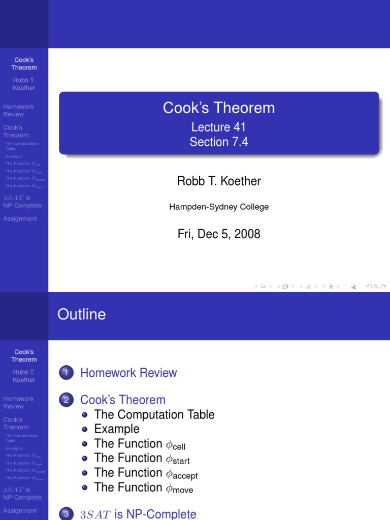 Lecture 41 - Cook's Theorem | PDF | Logic | Theory Of Computation