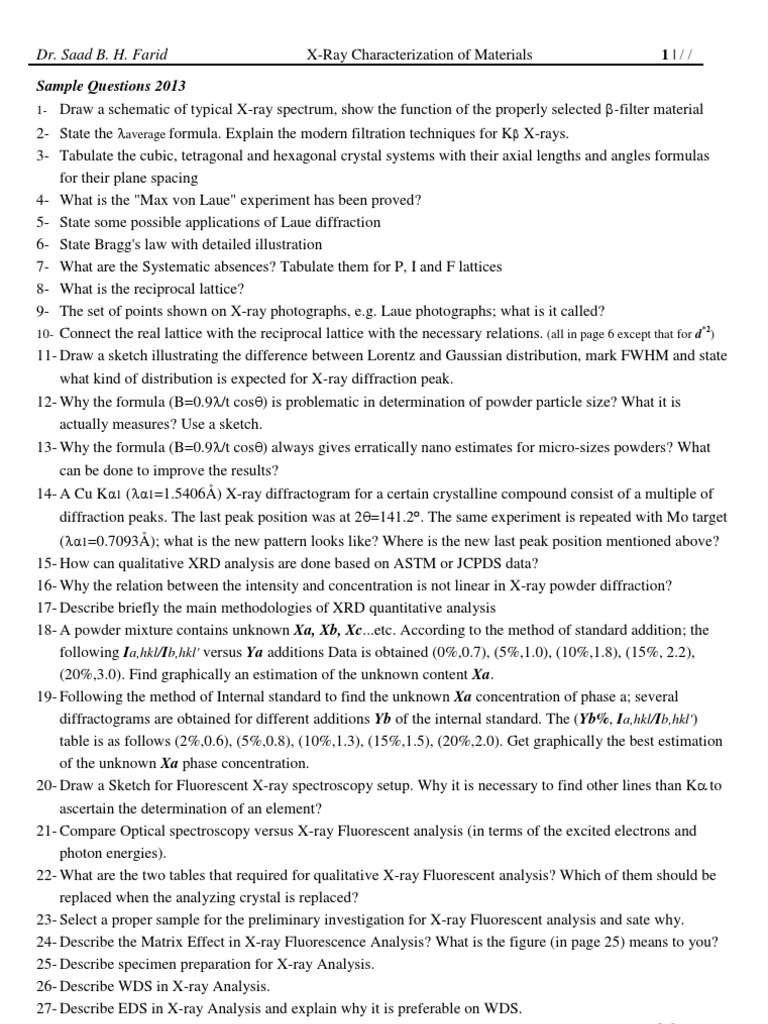 1-3 X-Ray Sample Questions 2013 | PDF | X Ray Crystallography ...