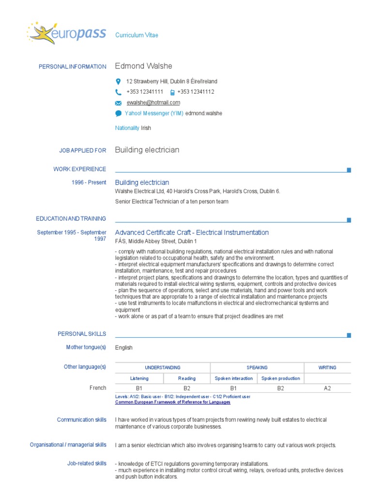 Europass CV Example 1 en IE | PDF | Electrician | Professional ...