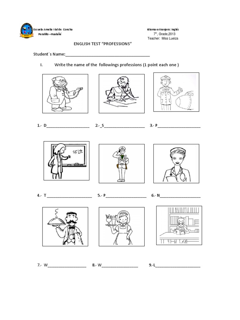 English Test "Professions" Student S Name: - I. Write The Name of The ...