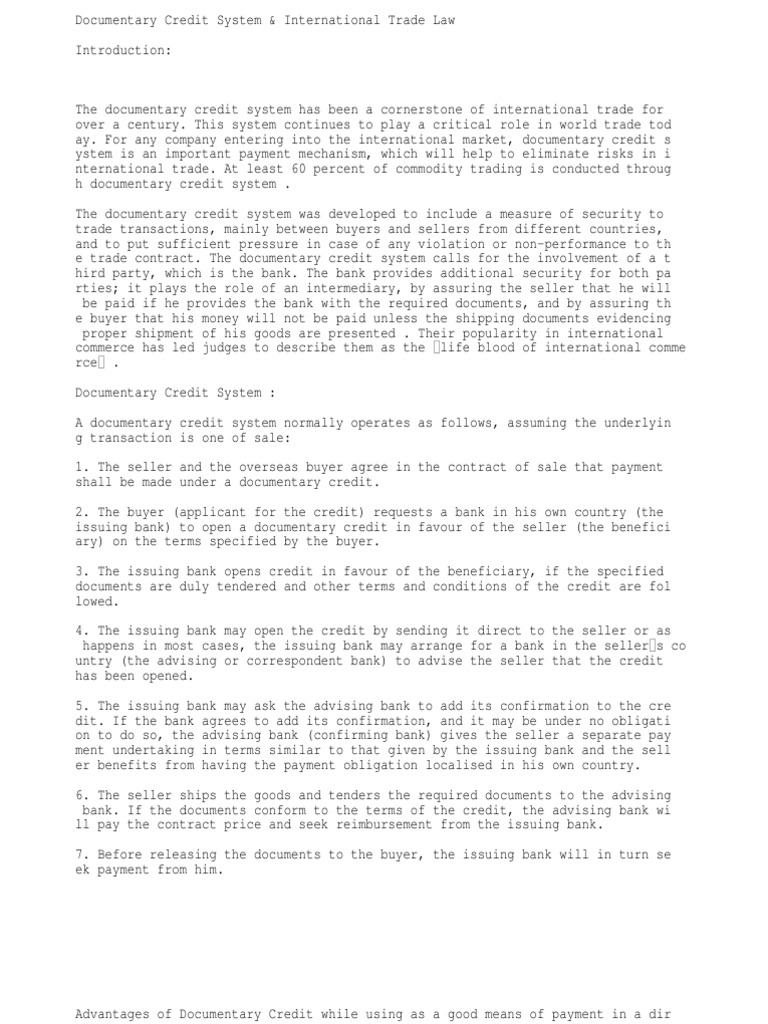 Documentary Credit System | PDF | Letter Of Credit | Credit (Finance)