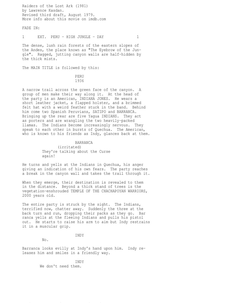Screenplay - Raiders of The Lost Ark (1981) - Lawrence Kasdan | PDF ...