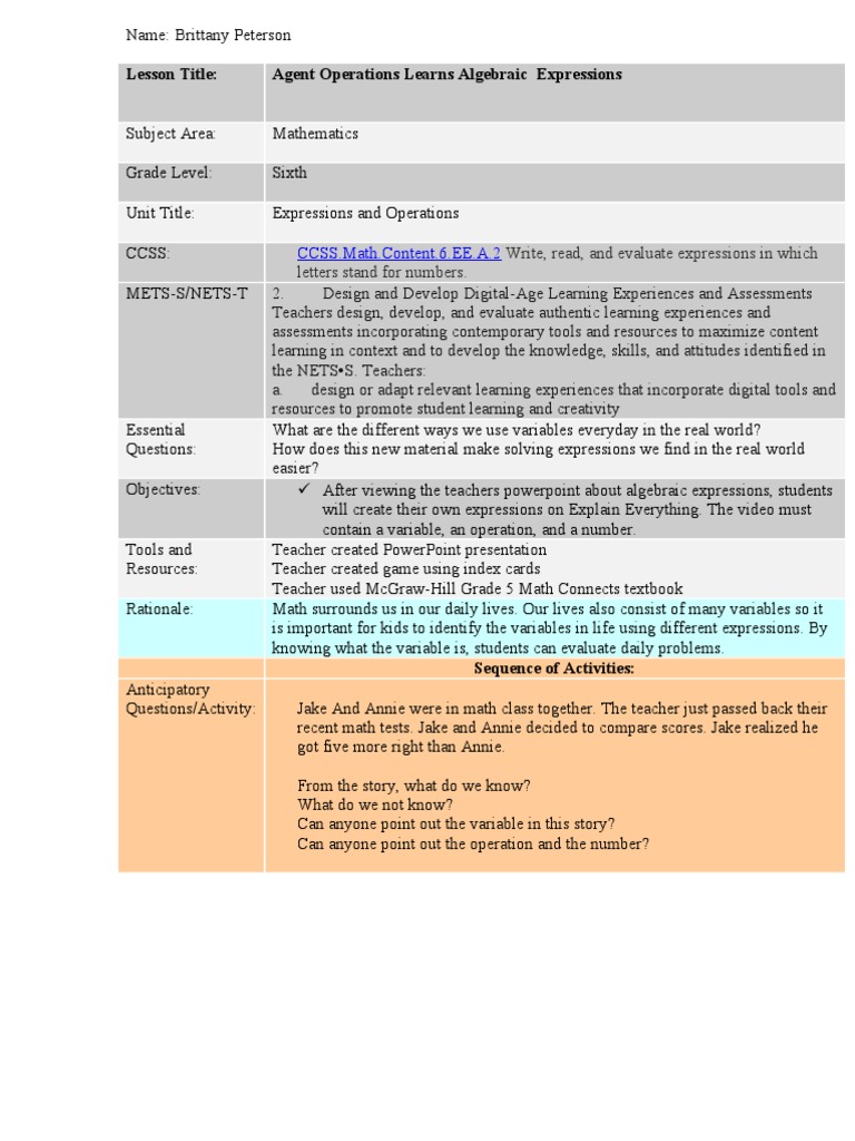 Algebraic Expressions Lesson Plan | PDF | Lesson Plan | Teaching ... Algebraic Expressions Lesson Plan | PDF | Lesson Plan | Teaching ...