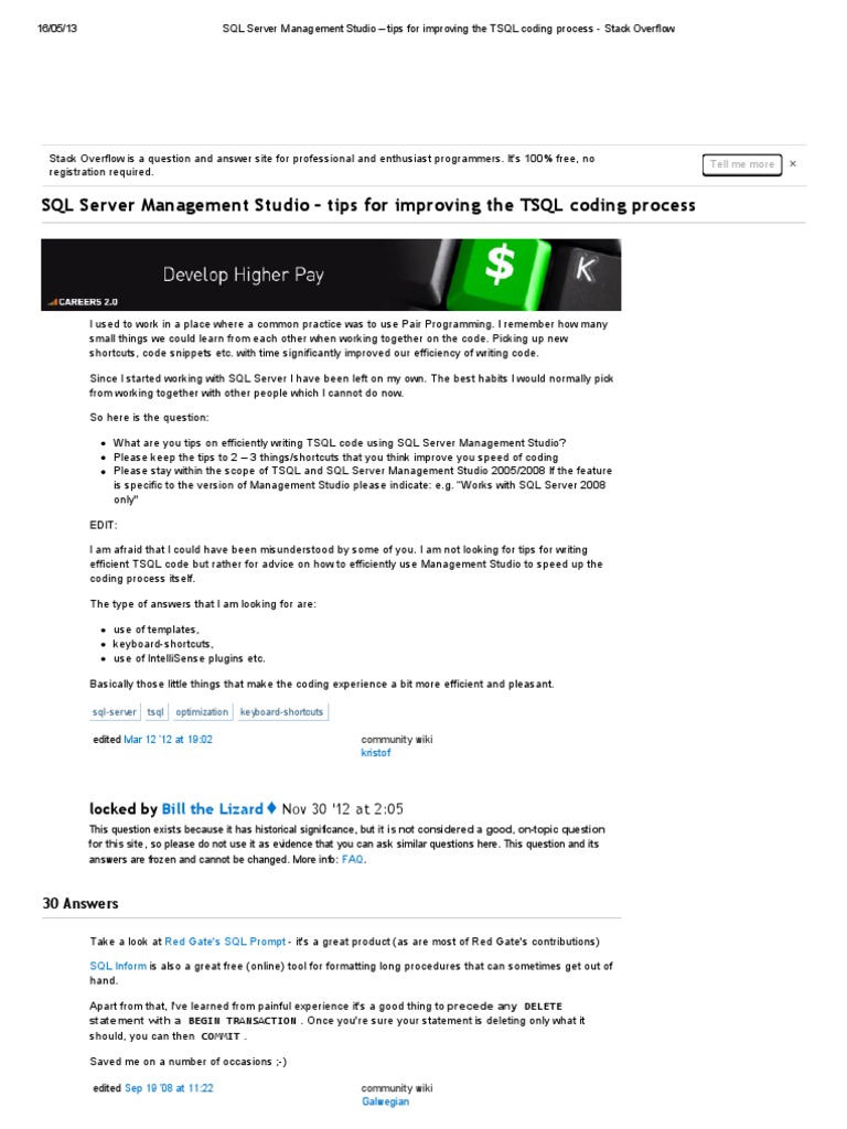 SQL Server Management Studio - Tips For Improving The TSQL Coding Process - Stack Overflow PDF ...