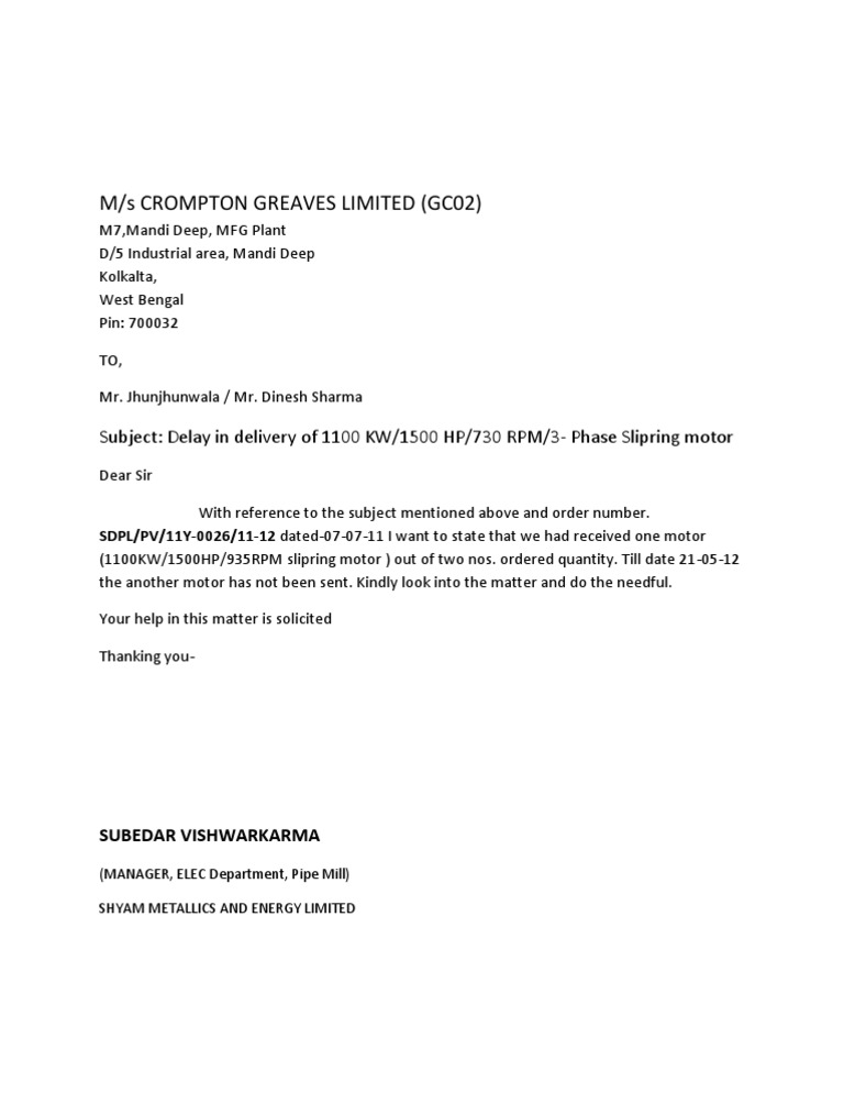 Crompton Greaves Letter | PDF
