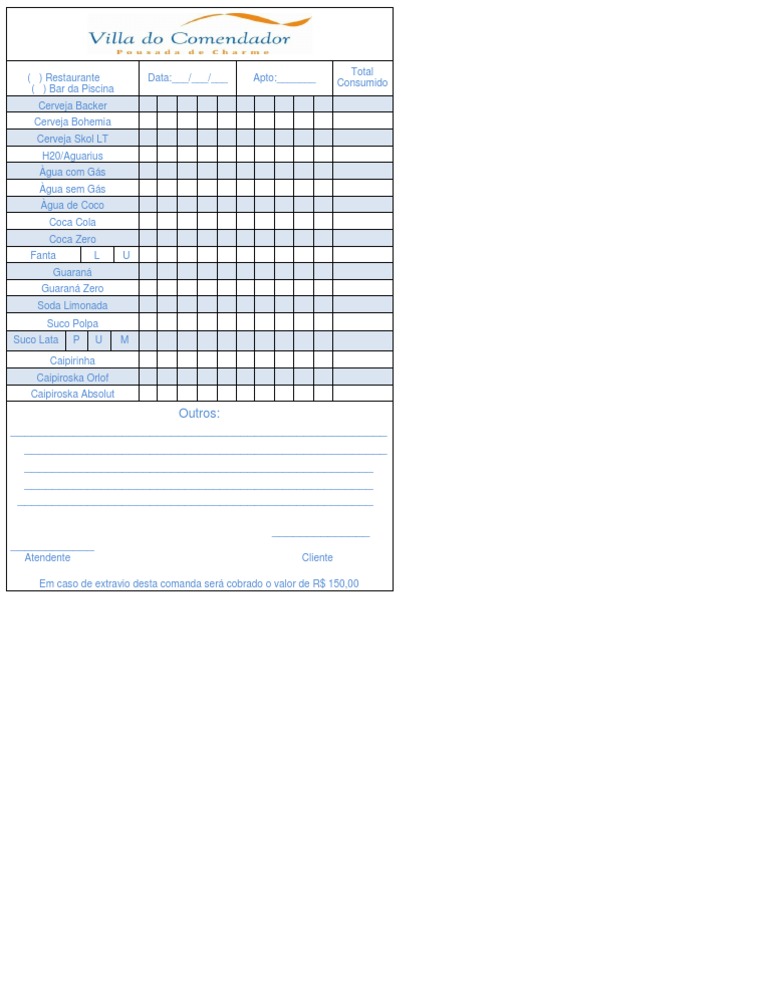 Modelos de Comandas Restaurante | Bebidas | Restaurante e Catering