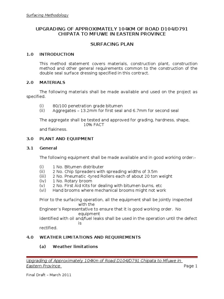 Upgrading of Approximately 104Km of Road D104/D791 Chipata To Mfuwe in Eastern Province ...