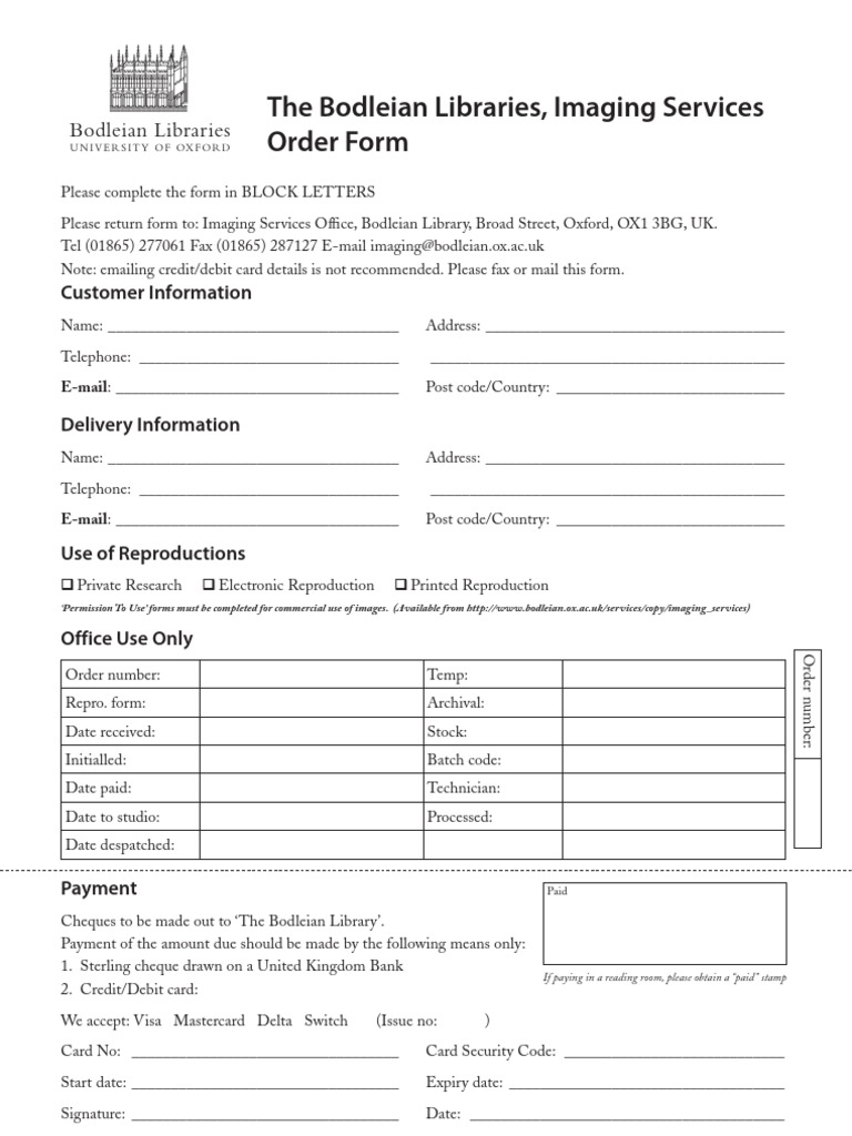 Bodleian Imaging Orderform | PDF | Cheque | Debit Card