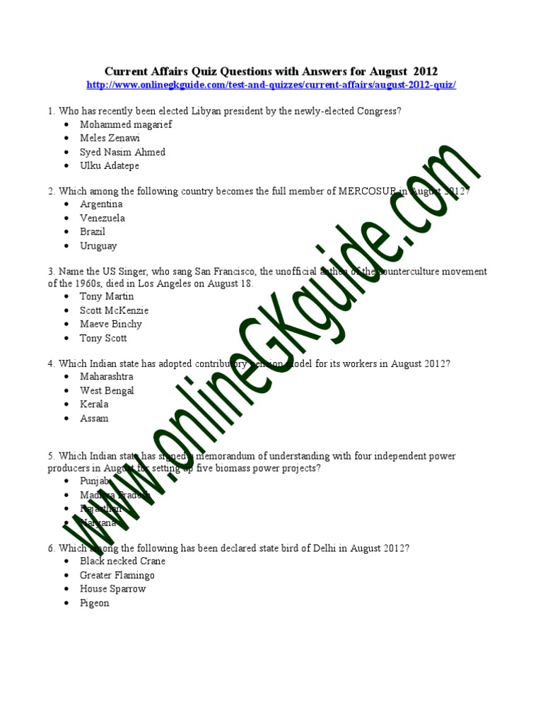Current Affairs Quiz Questions With Answers For August 2012 | PDF