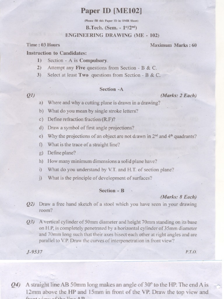 Engineering Drawing Exam Paper ME-102 | PDF | Plane (Geometry) | Space