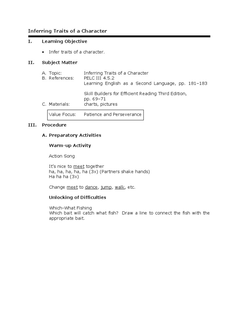 Grade 5 English Inferring Traits of A Character | PDF