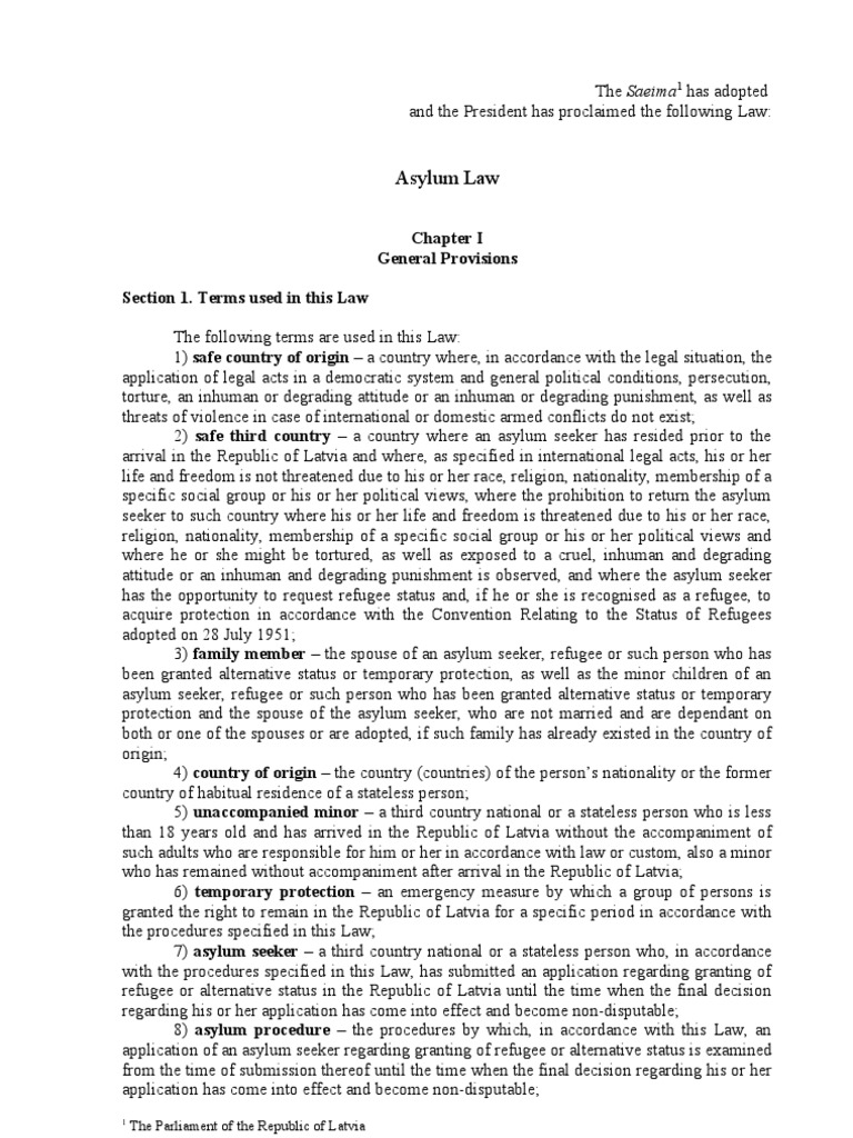 Asylum Law: General Provisions Section 1. Terms Used in This Law | PDF ...