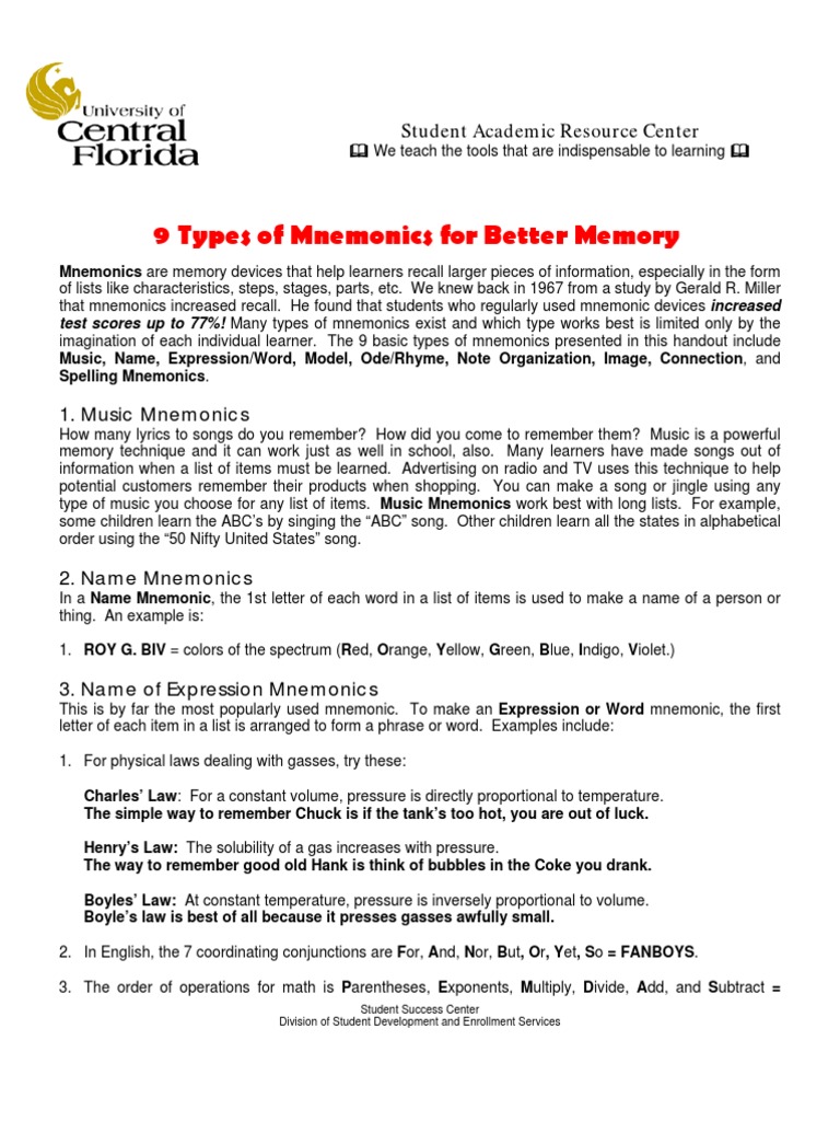 9 Types of Mnemonics For Better Memory | PDF | Mnemonic | Recall (Memory)