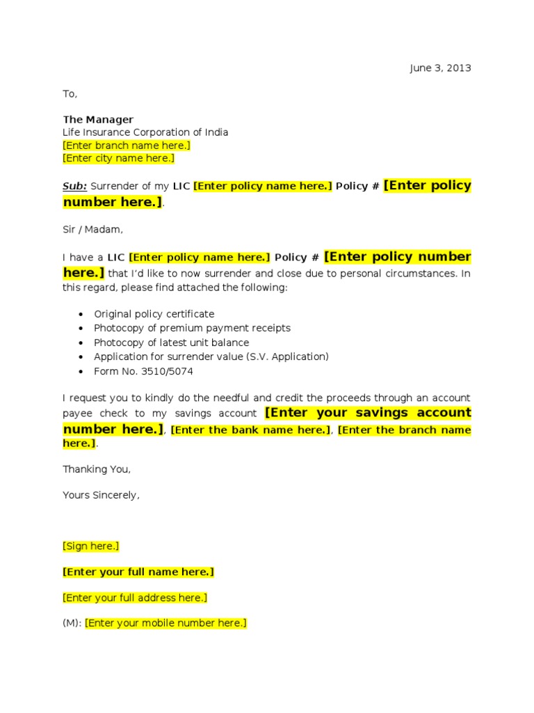 LIC Surrender Request Letter | PDF