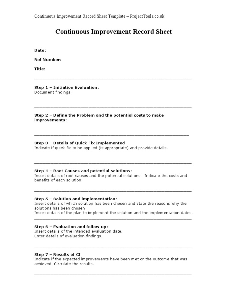 Continuous Improvement Record Sheet | PDF