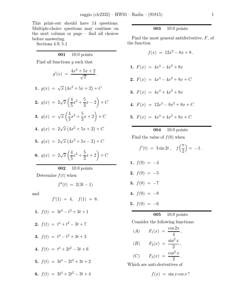 Multivariable Calculus Quest Homework | PDF | Trigonometric Functions | Calculus