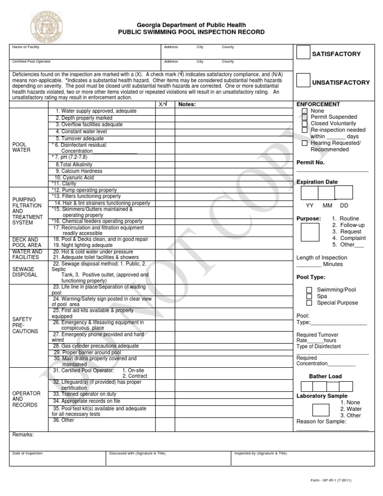 Georgia Pool Inspection Form | PDF | Swimming Pool | Sewage Treatment