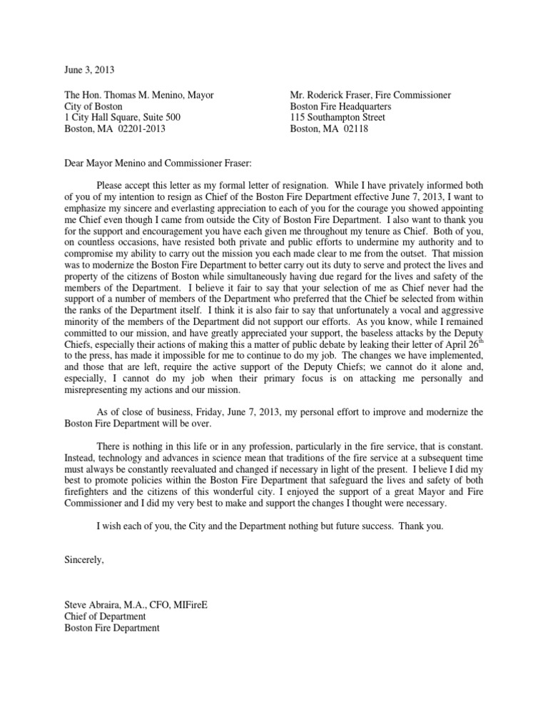 Boston Fire Chief Abraira Resignation Letter | Public Sphere | Politics