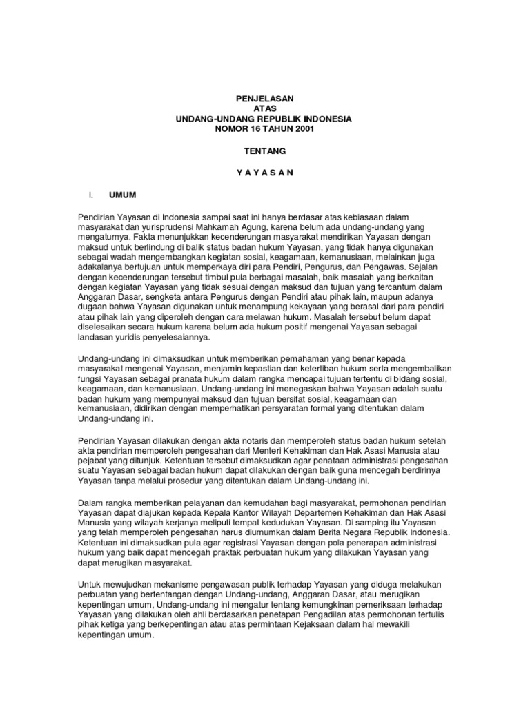 UU No. 16 Tahun 2001 Tentang Yayasan - Penjelasan | PDF