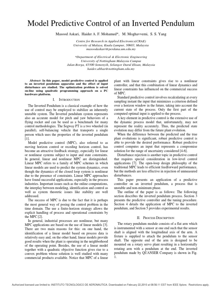 Model Predictive Control of An Inverted Pendulum, MPC | PDF ...