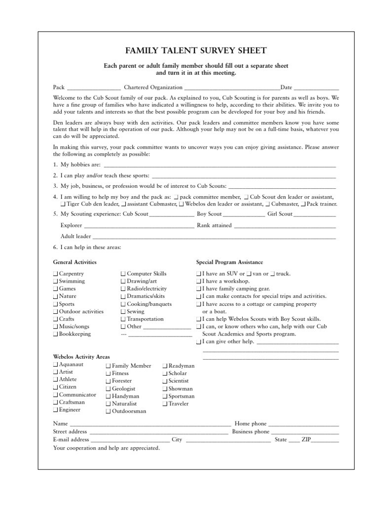 Cub Scout Family Talent Survey | PDF | Scouting | Psychological Concepts