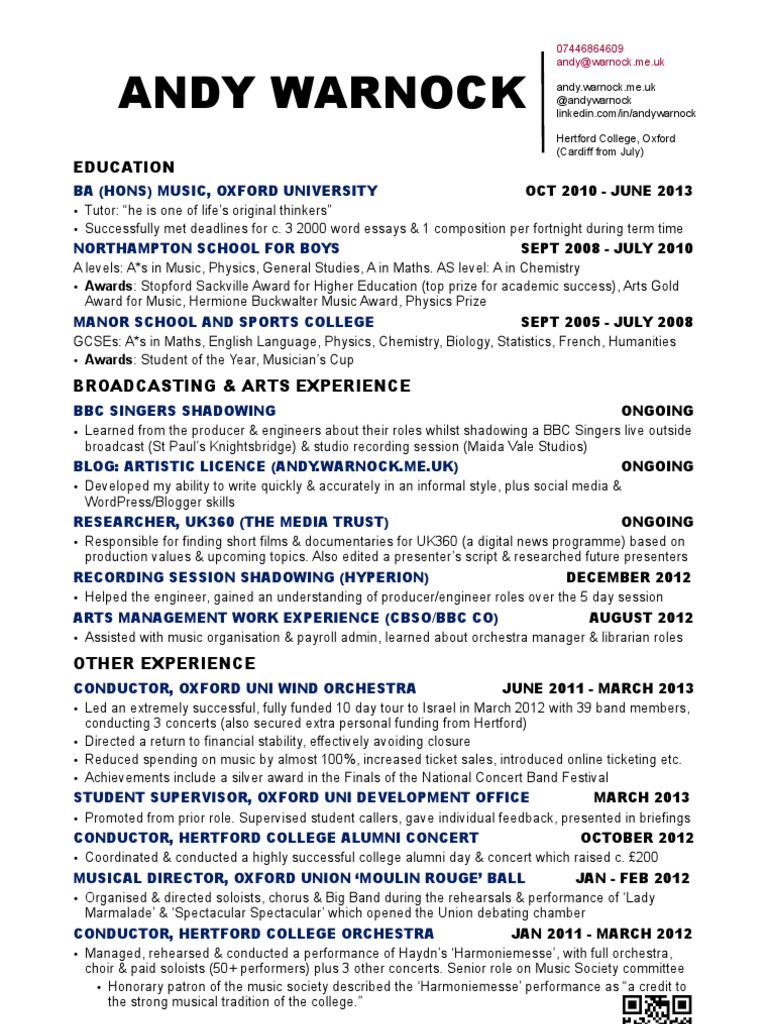 Andy Warnock Website CV | PDF | Conducting | Bbc