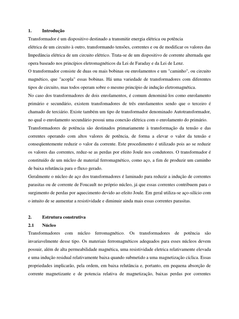 Relatorio - Transformadores | PDF | Transformador | Eletromagnetismo
