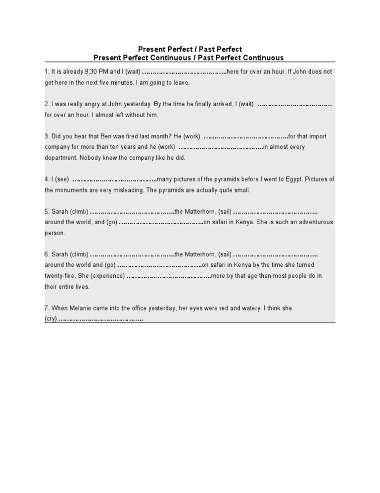 Present Perfect / Past Perfect Present Perfect Continuous / Past ...