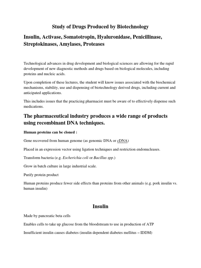 Study of Drugs Produced by Biotechnology | PDF | Insulin | Growth Hormone
