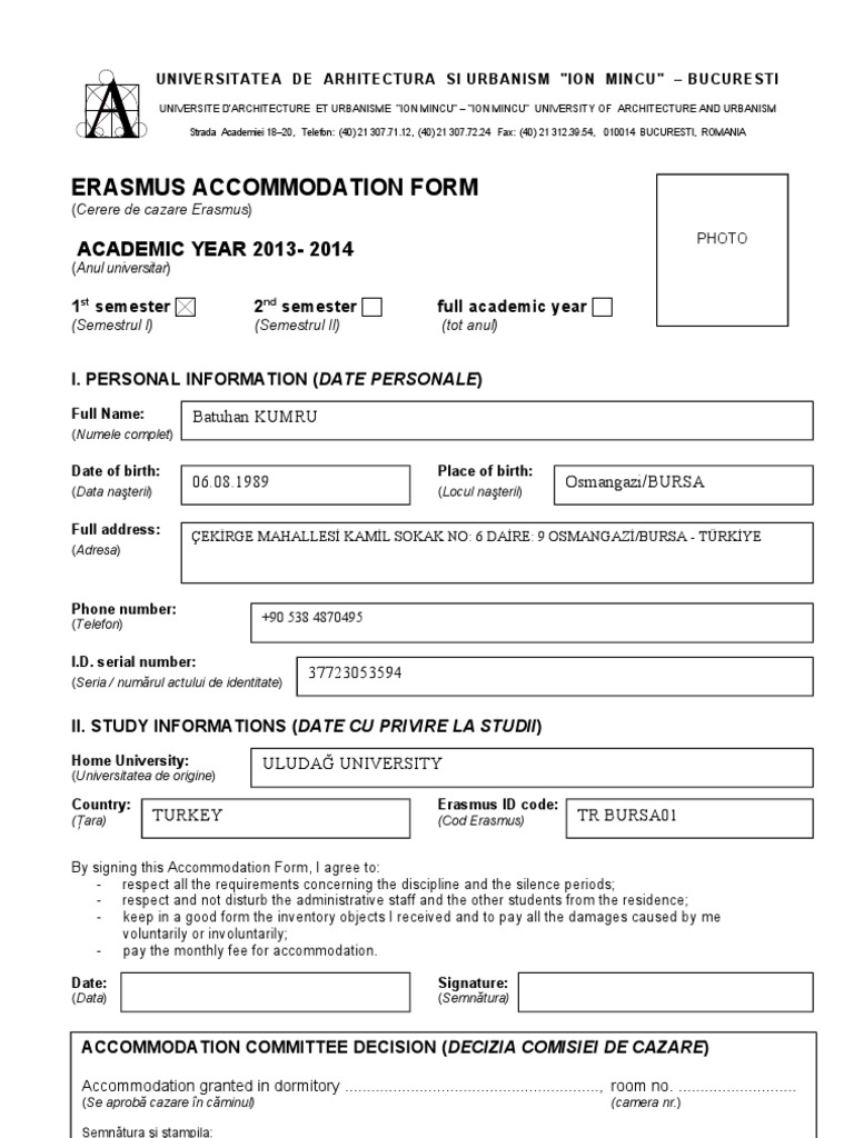 Erasmus Accommodation Form: ACADEMIC YEAR 2013-2014 | PDF