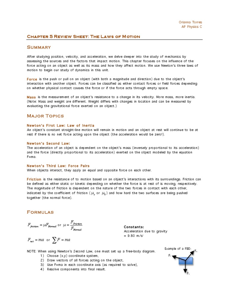 Chapter 5 Review Sheet: The Laws of Motion: Orianna Torres AP Physics C ...
