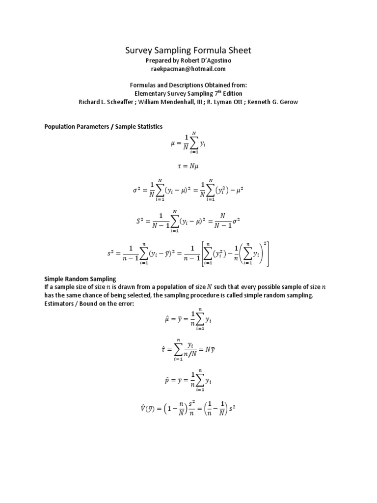 Survey Sampling Formula Sheet | PDF | Sample Size Determination ...