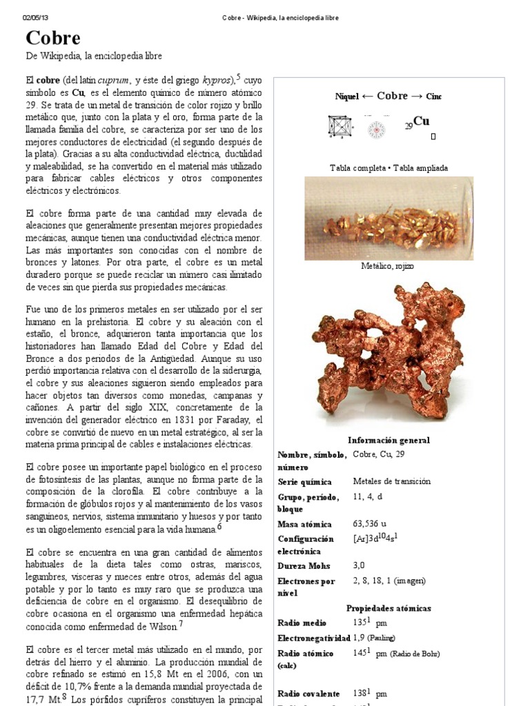 Cobre - Wikipedia, La Enciclopedia Libre | Latón | Cobre